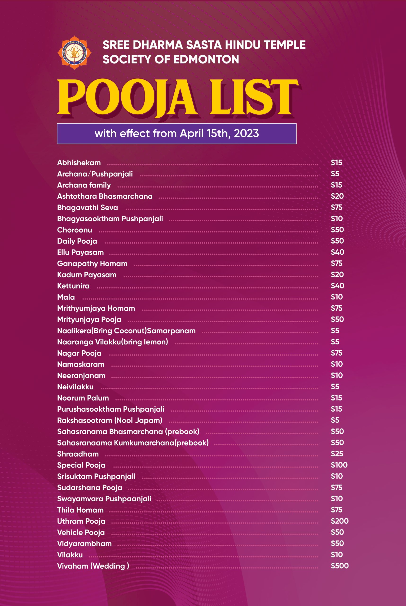 Poojas – SREE DHARMA SASTA HINDU TEMPLE SOCIETY OF EDMONTON